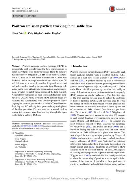 Positron Emission Particle Tracking In Pulsatile Flow Request Pdf