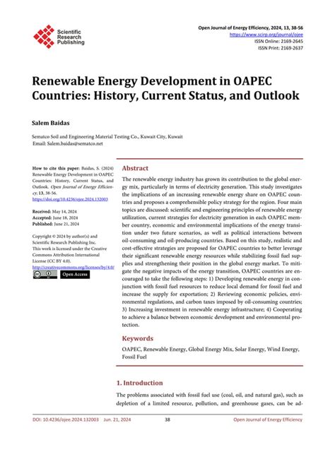 Renewable Energy In Oapec Countries Current Status And Outlook Pdf