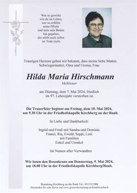 Frau Hilda Maria Hirschmann Bestattung Graz