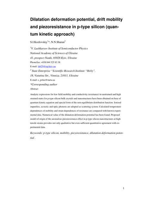 Pdf Dilatation Deformation Potential Drift Mobility And Piezoresistance In P Type Silicon