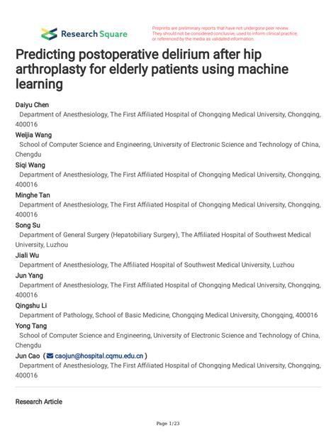 Pdf Predicting Postoperative Delirium After Hip Arthroplasty For Elderly Patients Using