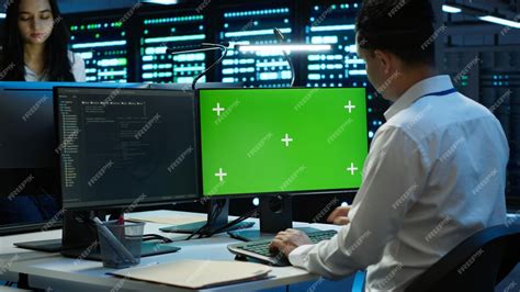 Technician Using Mockup Computer In Data Center Premium Ai Generated Image