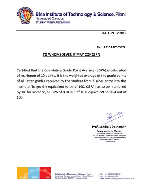 Cgpa To Conversion Certificate Pdf