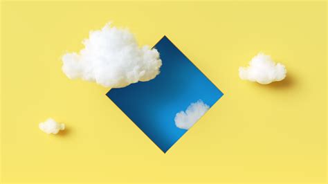 3d 렌더링 추상 미니멀리스트 기하학적 배경 흰 구름이 노란 벽의 파란색 마름모 구멍 밖으로 날아갑니다 현대 판타지 벽지