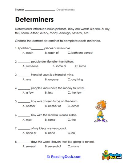 Determiners Worksheets Grammar Skills Reading