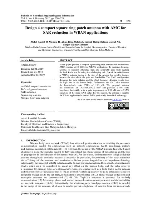 Pdf Design A Compact Square Ring Patch Antenna With Amc For Sar Reduction In Wban Applications