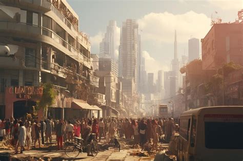 Premium Photo A Bustling Cityscape In A Heatwave With People Generative Ai