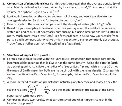 Solved 1 Comparison Of Planet Densities For This Question Chegg Com