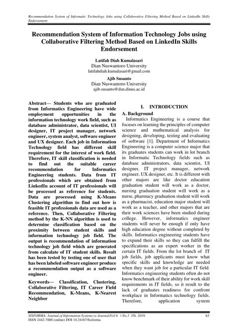 Pdf Recommendation System Of Information Technology Jobs Using Collaborative Filtering Method