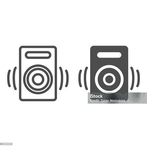 스피커 라인과 솔리드 아이콘 미디어 컨셉 흰색 배경의 오디오 스피커 사인 모바일 컨셉 및 웹 디자인을 위한 윤곽 선으로 스피커 아이콘의 사운드 벡터 그래픽 스피커에 대한