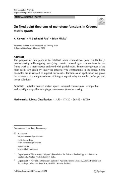 PDF On Fixed Point Theorems Of Monotone Functions In Ordered Metric Spaces