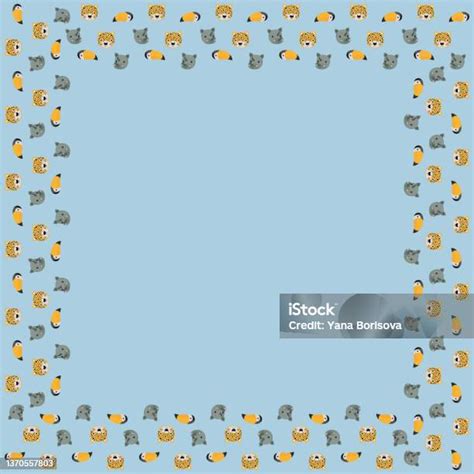 아기 코뿔소 표범 무지개 두칸의 재미있는 유치한 빈 사각형 프레임은 푸른 배경에 쾌활한 만화 머리를 합니다 텍스트의 장소입니다