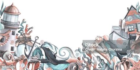 고래 조개껍데기 불가사리 산호 거품 증기선 파도 닻 조류 오두막 조개껍데기가 있는 해양 등대 손으로 그린 수채화 그림 흰색 배경에 템플릿 프레임 건축에 대한 스톡 벡터 아트