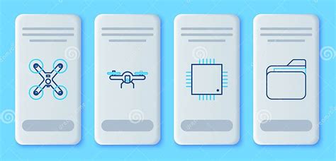 Set Line Drone Flying Processor With Microcircuits Cpu And Document Folder Icon Vector Stock