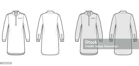 나이트 셔츠 드레스 슬립웨어 파자마 기술 패션 일러스트와 무릎 길이 클래식 헨리 칼라 긴 소매 잠옷에 대한 스톡 벡터 아트 및 기타 이미지 Istock