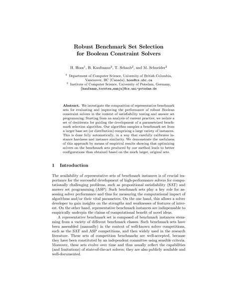 Robust Benchmark Set Selectionfor Boolean Constraint Solvers Hoos 1