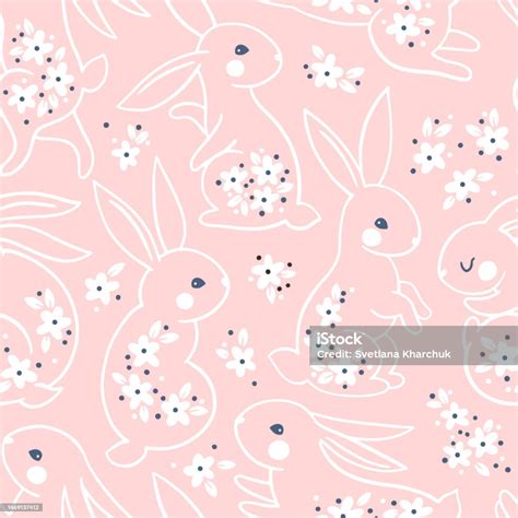 트렌디 한 봄 여름 자연 스러운 완벽 한 패턴입니다 작은 꽃으로 그려진 벡터에 토끼 토끼의 실루엣 라인 귀여운 숲 캐릭터와 데이지의 손으로 그린 만화 리노컷 0명에 대한
