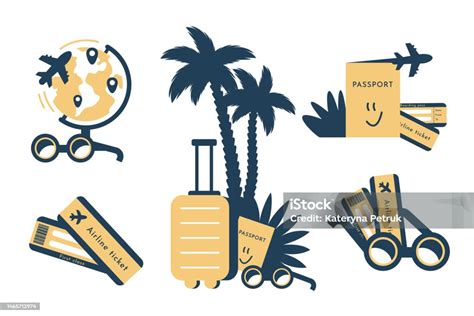여행 아이콘의 컬렉션입니다 웹 프로모션 광고 여행 대행사에 대한 관광 템플릿 세트입니다 비행기 티켓 여권 카메라 손바닥 위치 기호 선글라스 여행 가방으로 여행 라벨 벡터