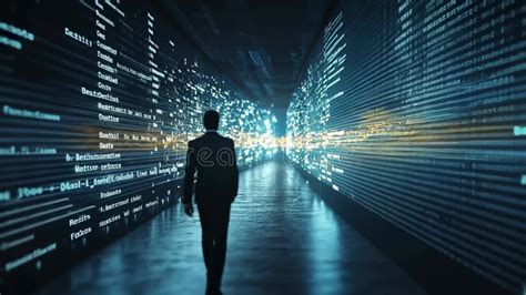 Businessman Walks Through A Digital Tunnel Of Code Representing Data Flow And Digital