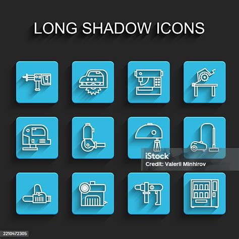 세트 라인 전기 톱 공기 압축기 로터리 해머 드릴 기계 전기 자동 판매기 앵글 그라인더 진공 청소기 및 믹서 아이콘 벡터 0명에 대한 스톡 벡터 아트 및 기타 이미지