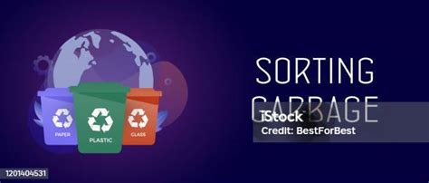 쓰레기와 폐기물 분류 쓰레기 통 플라스틱 종이 및 유리 폐기물 쓰레기통으로 평평한 벡터 개념을 생태및 재활용하십시오 텍스트가 있는 헤더 및 바닥글 배너 템플릿입니다 0명에