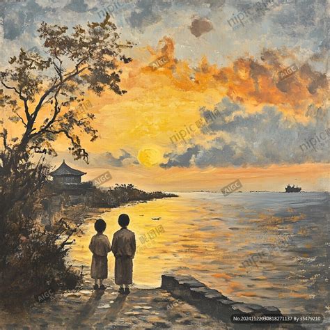 Ai创作图水彩蕴重阳 油画夕阳 唯美黄昏画 夕阳手绘 陪你看夕阳 两人看日落 落日油画 日落手绘油画 海边日落油画 黄昏场景插画 情侣油画 看晚霞的情侣 一起看夕阳 夕阳恋人 儿童看夕阳