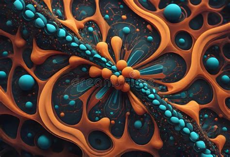 Intricate Biologic Forms In Blue And Orange Hues Resembling Cellular Structures Or Underwater