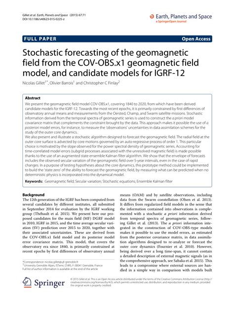 Pdf Stochastic Forecasting Of The Geomagnetic Field From The Cov Obsx1 Geomagnetic Field