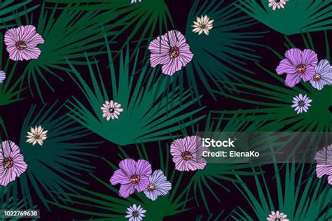 꽃과 야자수 꽃 원활한 패턴 단풍 식물 그림 손으로 그린 섬유 인쇄 직물 견본 포장지입니다 귀여운에 대한 스톡 벡터 아트 및 기타 이미지 Istock