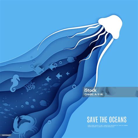 종이 컷 나비 파리 해파리 달아 거북이 해마 게 문어 조류 파도에 물고기 산호초 해저와 바다 동굴 아래 종이 공예 광장 배경 벡터 바다 해양 생물 0명에 대한 스톡 벡터