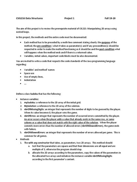 Csis216 Fall 19 20 Project 1 Sudoku Pdf Array Data Structure Variable Computer Science