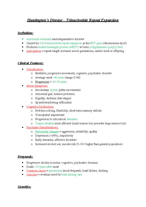 Huntingtons Disease Hd Trinucleotide Repeat Expansion Overview