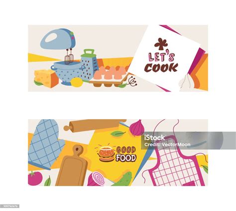 조리 기구 및 레스토랑 기구 및 음식 배너 벡터 일러스트 레이 션의 설정 좋은 음식 S 요리 하자 앞치마 장갑 믹서 나무 절단