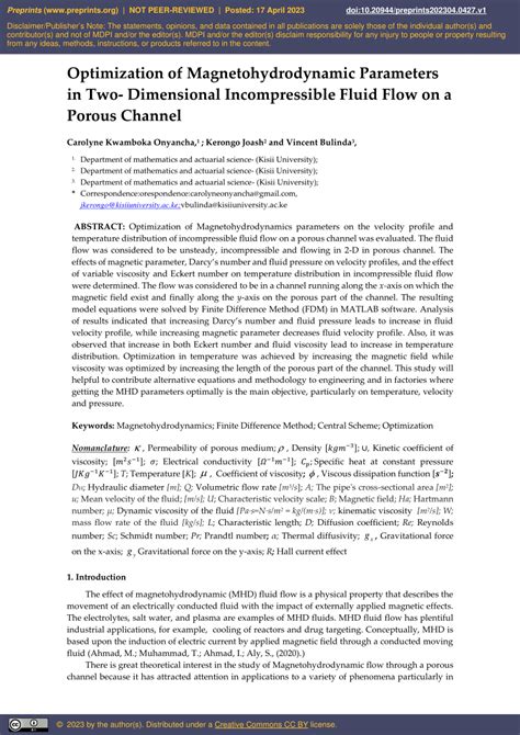 Pdf Optimization Of Magnetohydrodynamic Parameters In Two Dimensional Incompressible Fluid