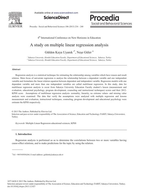 PDF A Study On Multiple Linear Regression Analysis
