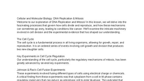 Cellular And Molecular Biology Dna Replication And Mitosis Insights