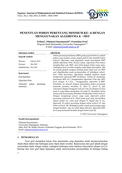 Pdf Penentuan Pohon Perentang Minimum Ke K Dengan Menggunakan Algoritma K Mst