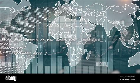Displaying Digital World Map Visualization On Office Glass Panel With Charts And Code Overlays