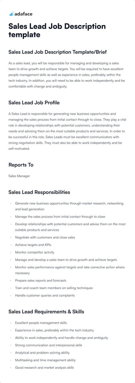 Sales Lead Job Description Template Adaface