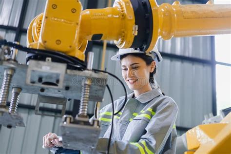 Engineers Woman Using Wrench Maintenance Robotic Arm Female Technician Industrial Checking