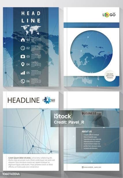 4 A 4 형식의 편집 레이아웃의 벡터 일러스트 레이 션 원 디자인 템플릿 안내 책자 잡지 전단지를 다룹니다 블루 기하학적 기술 디자인 다각형 텍스처에 세계 지도 보고서에