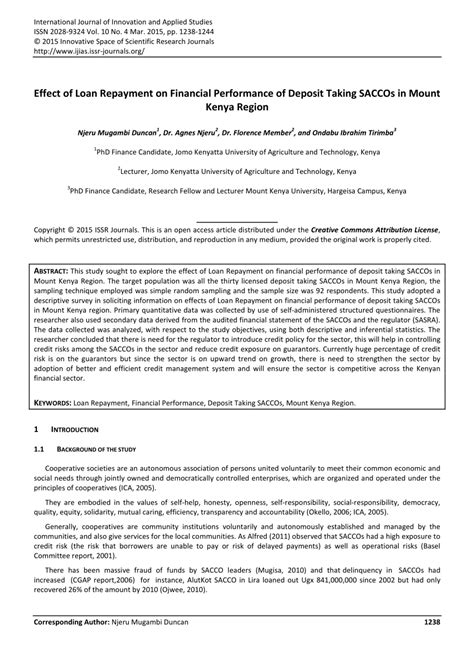 pdf effect of loan repayment on financial performance of deposit taking saccos in mount kenya