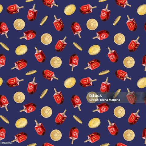 짙은 파란색 수채화 하누카 드레이델과 금화는 유대인의 휴일 상징 전통 세비본을 위한 이음매 없는 패턴입니다 공휴일에 대한 스톡 벡터 아트 및 기타 이미지 Istock