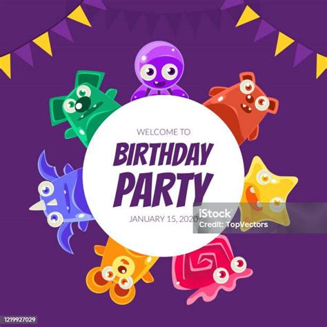 환영 생일 파티 배너 템플릿 초대 카드 귀여운 재미 젤리 몬스터 벡터 일러스트와 포스터 0명에 대한 스톡 벡터 아트 및 기타 이미지 0명 귀여운 끈적끈적한 Istock
