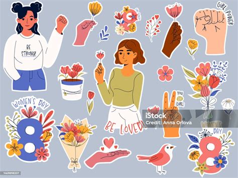 세계 여성의 날 3월 8일 소녀의 힘 슬로건과 영감 인용구가 담긴 스티커 팩 1960 1969 년에 대한 스톡 벡터 아트 및