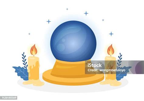 포춘 텔러 템플릿 손으로 그린 만화 플랫 일러스트 레이 션 크리스탈 볼 마법 책 또는 운명을 예측하고 미래 개념을 말하기위한 카드 결정체에 대한 스톡 벡터 아트 및 기타