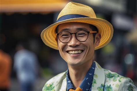 Premium Ai Image A Man Wearing A Hat And Glasses Smiles At The Camera