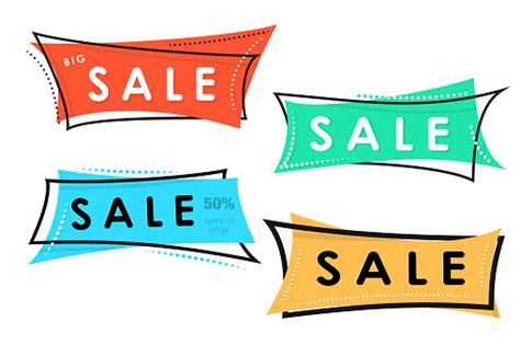 트 렌 디 한 판매 배너의 집합입니다 생생한 프로 모션 라벨 다채로운 모양 오렌지 블루 녹색과 붉은 색 고립 된 벡터 0명에 대한 스톡 벡터 아트 및 기타 이미지 Istock
