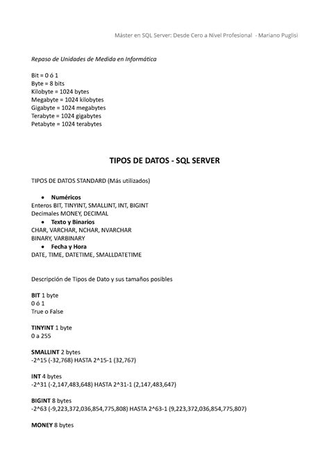 Tipos De Datos En Sql Server Máster En Sql Server Desde Cero A Nivel Profesional Mariano