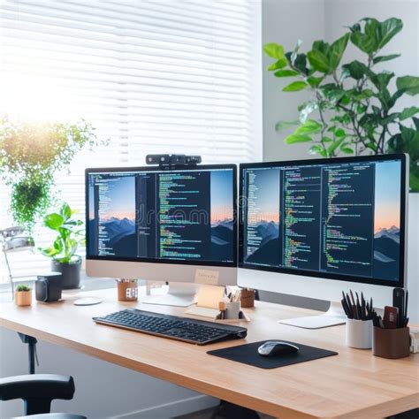 Modern Programmer Workspace With Dual Monitors And Plants Stock